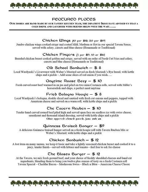 Adolf's Old First Ward Tavern menu in Buffalo, New York, USA