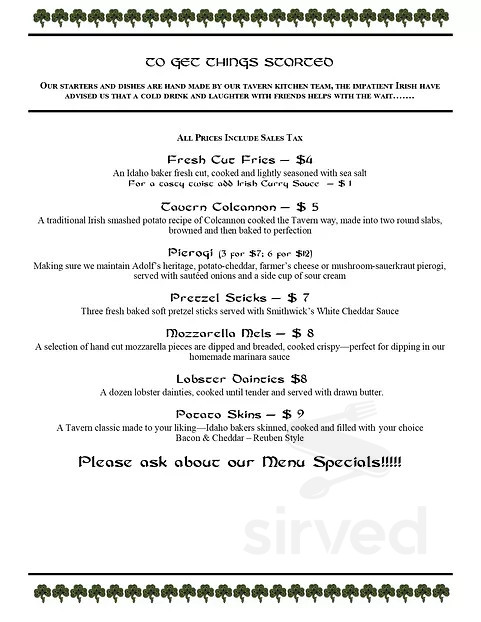 Adolf's Old First Ward Tavern menu in Buffalo, New York, USA