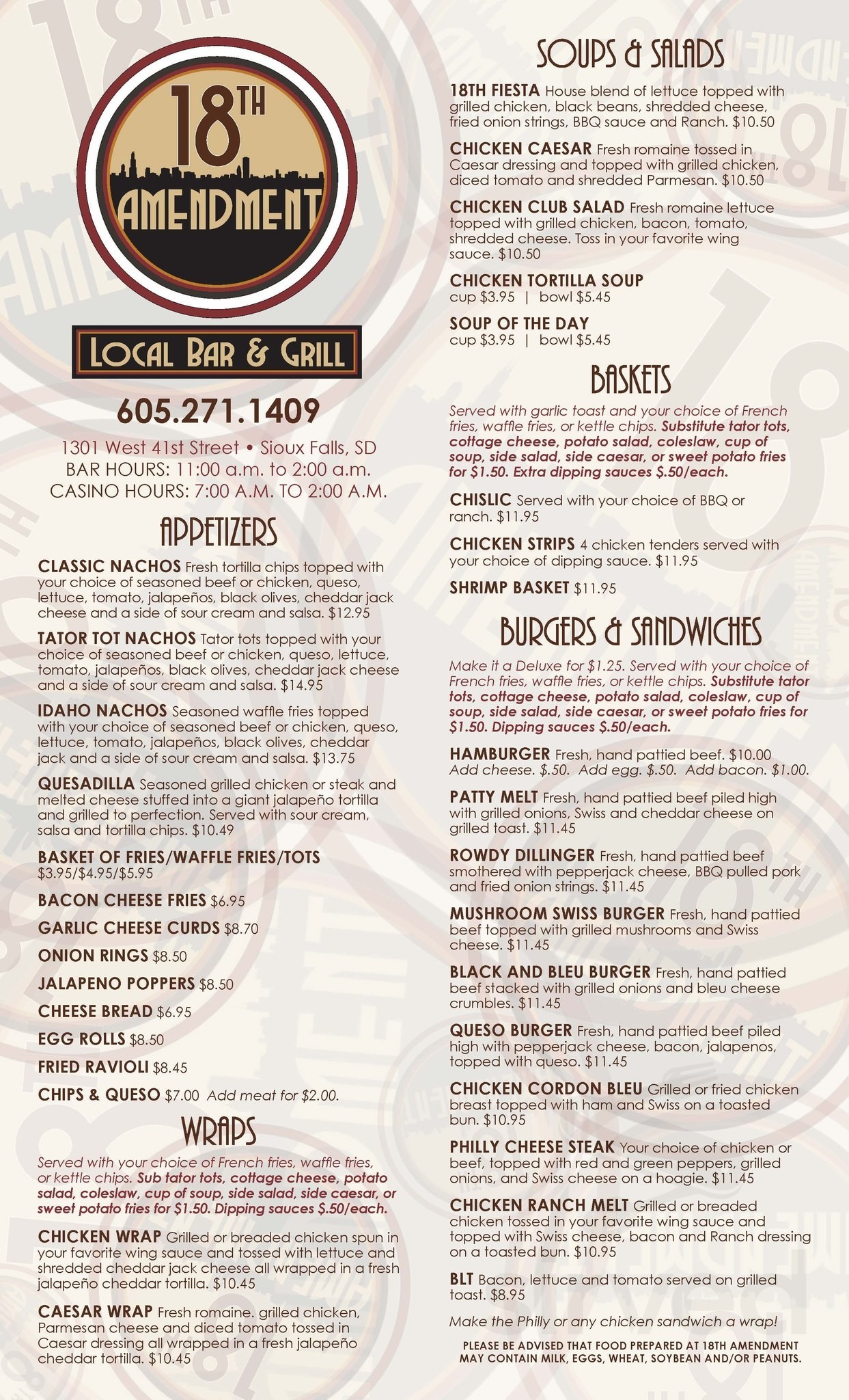 18th Amendment Neighborhood Bar menus in Sioux Falls, South Dakota ...