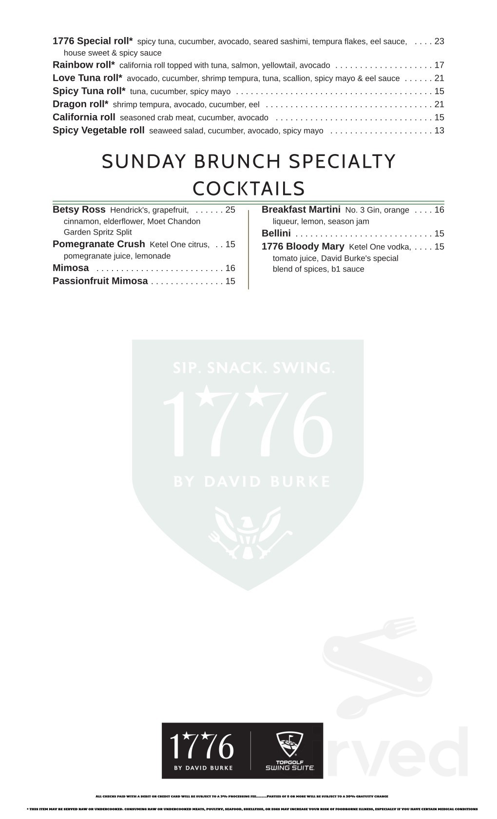 Menu for 1776 by David Burke featuring Topgolf Swing Suite in ...