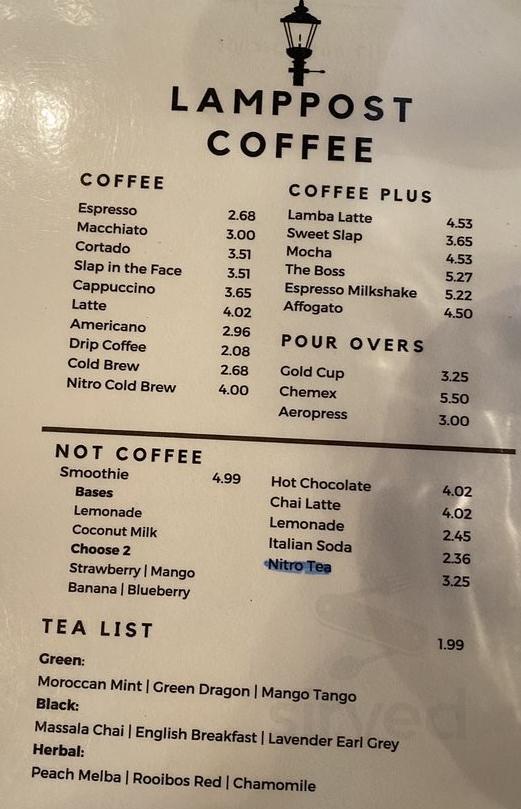 Lamppost Coffee menu in Georgetown, Texas, USA