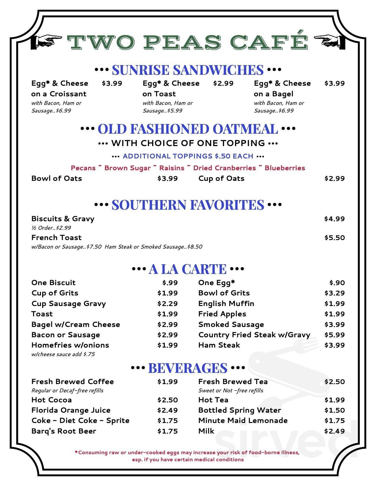 Two Peas Cafe menu in LaBelle, Florida, USA