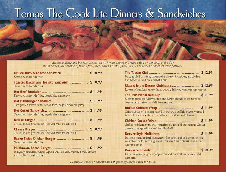 Tomas the Cook Family Restaurant menus in Saskatoon, Saskatchewan, Canada
