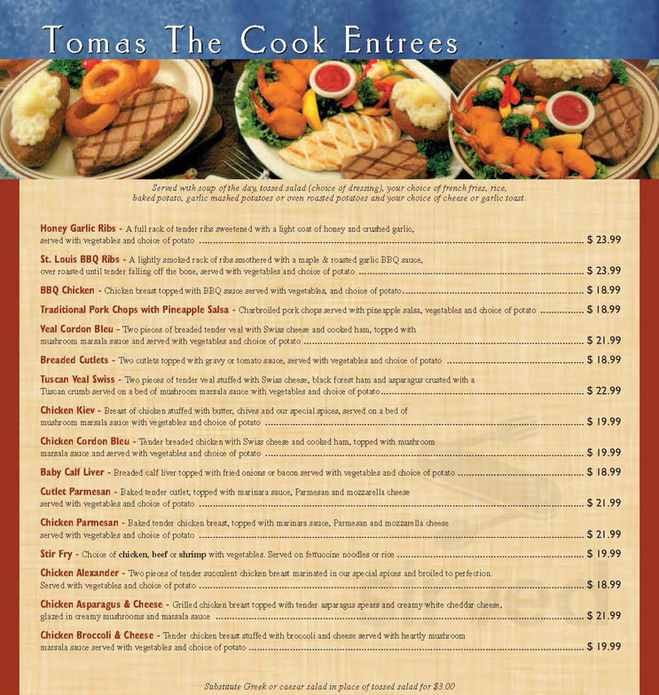 Tomas the Cook Family Restaurant menus in Saskatoon, Saskatchewan, Canada