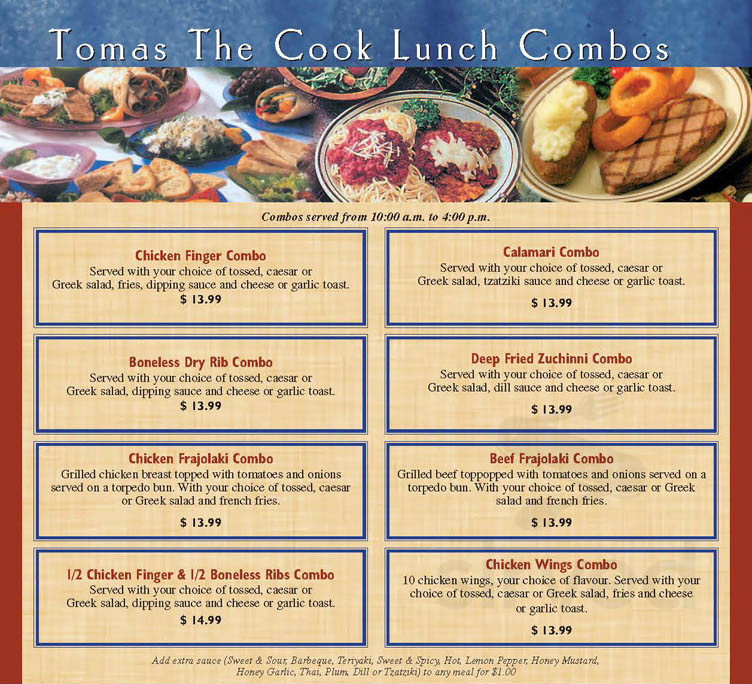 Tomas the Cook Family Restaurant menus in Saskatoon, Saskatchewan, Canada