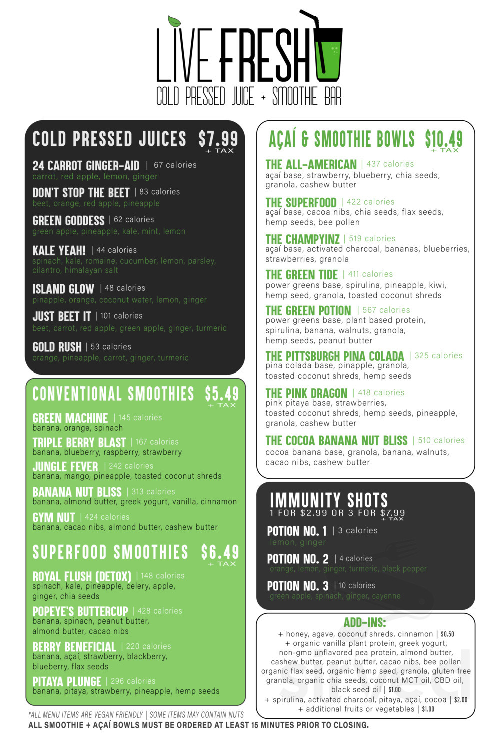Menu - Homestead PA's Live Fresh Cold Pressed Juice + Smoothie Bar | Sirved