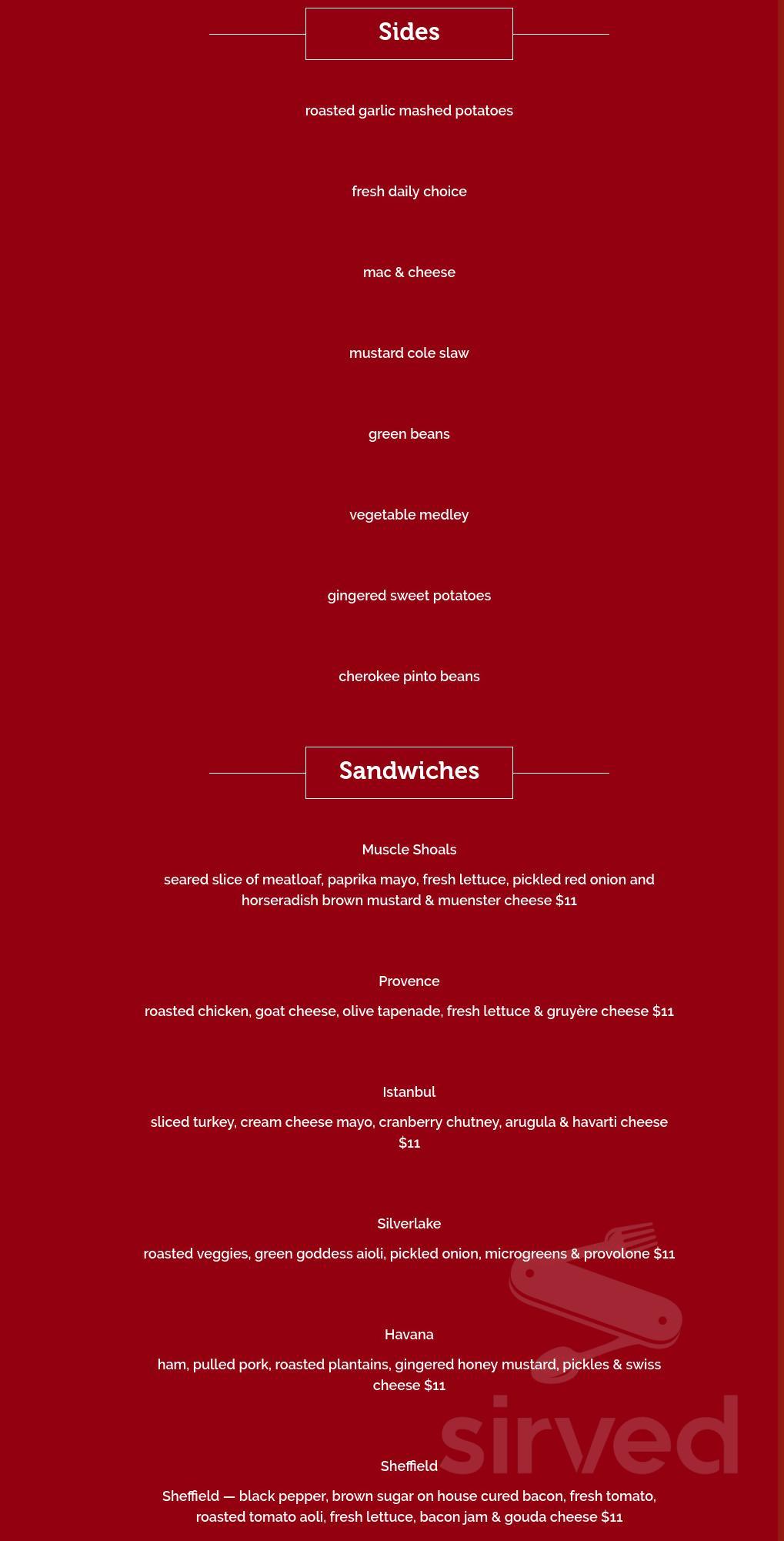 The Red Clay Table menu in Sheffield, Alabama, USA