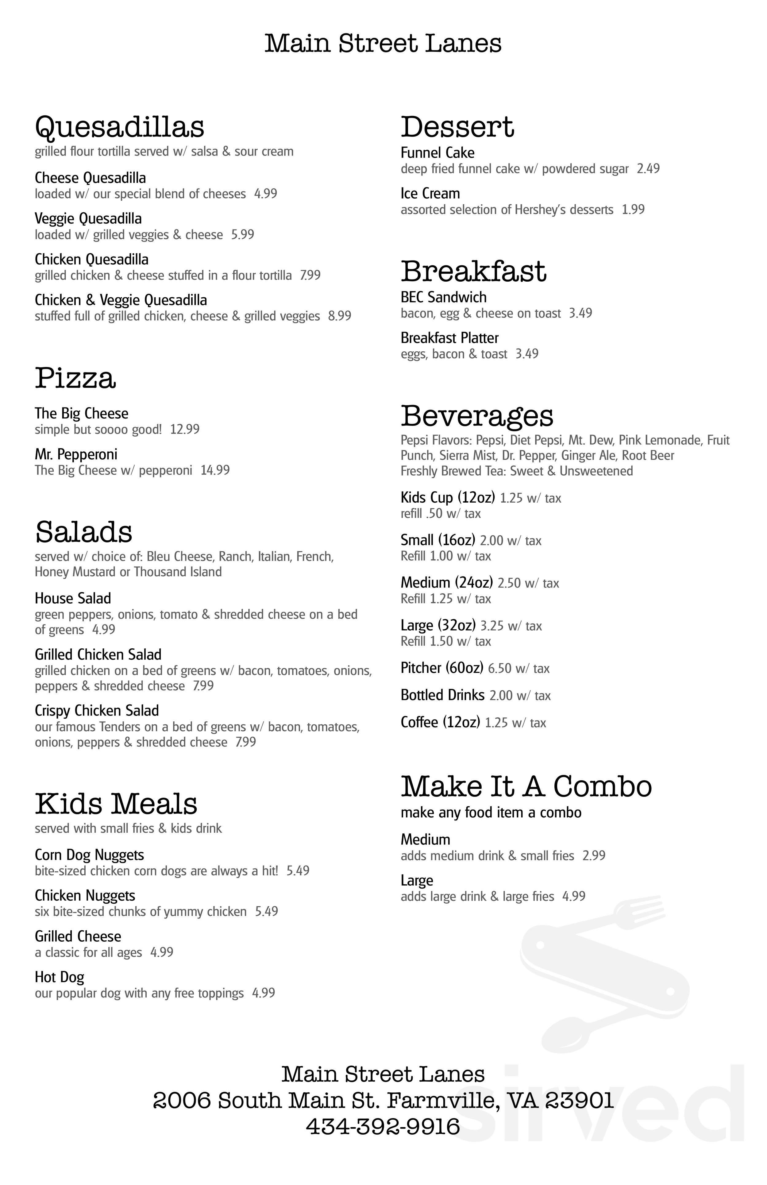 Main Street Lanes menu in Farmville, Virginia, USA