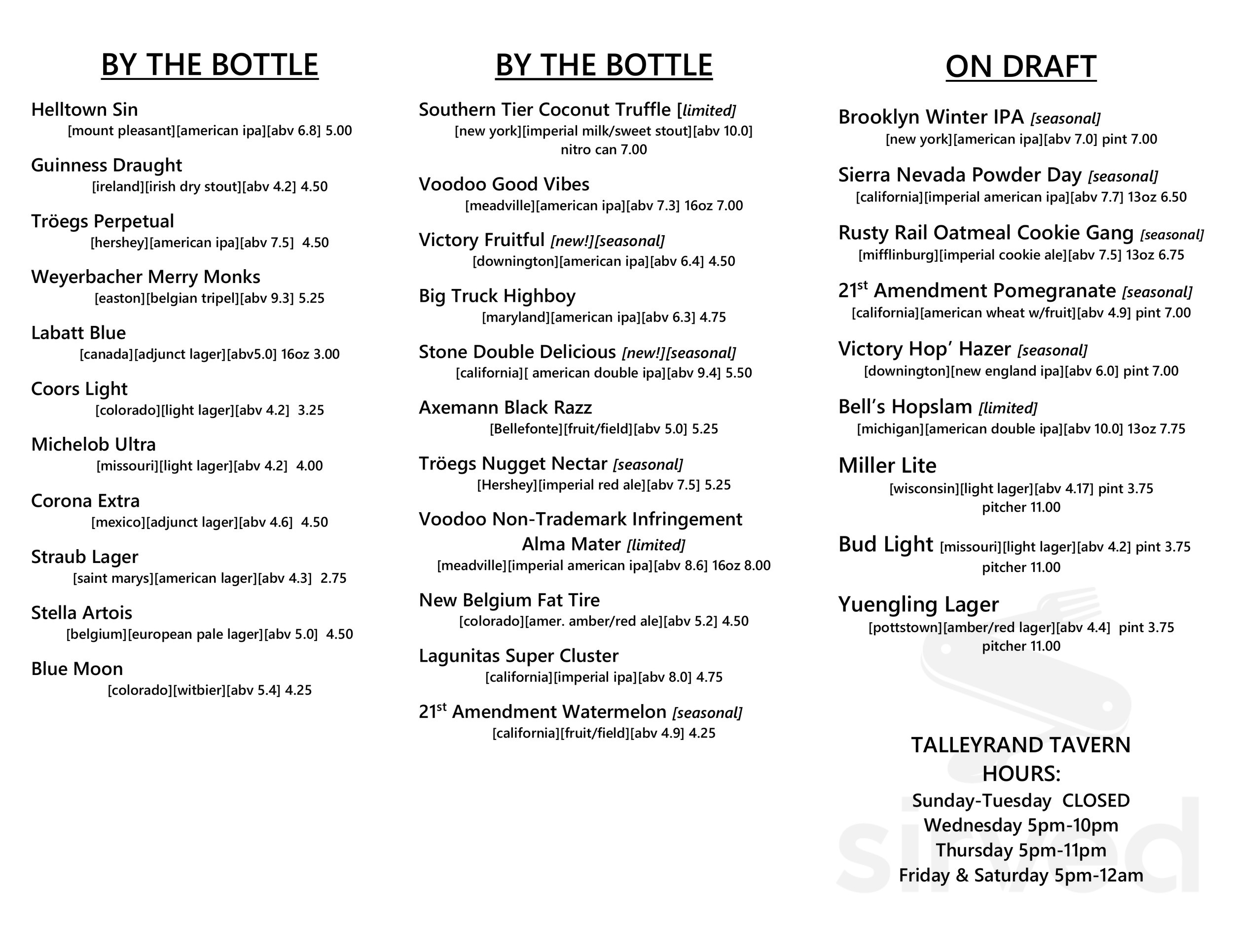 Talleyrand Tavern menu in Bellefonte, Pennsylvania, USA