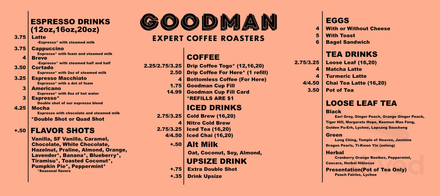 Goodman Coffee Roasters- Warehouse Row menu in Chattanooga, Tennessee, USA