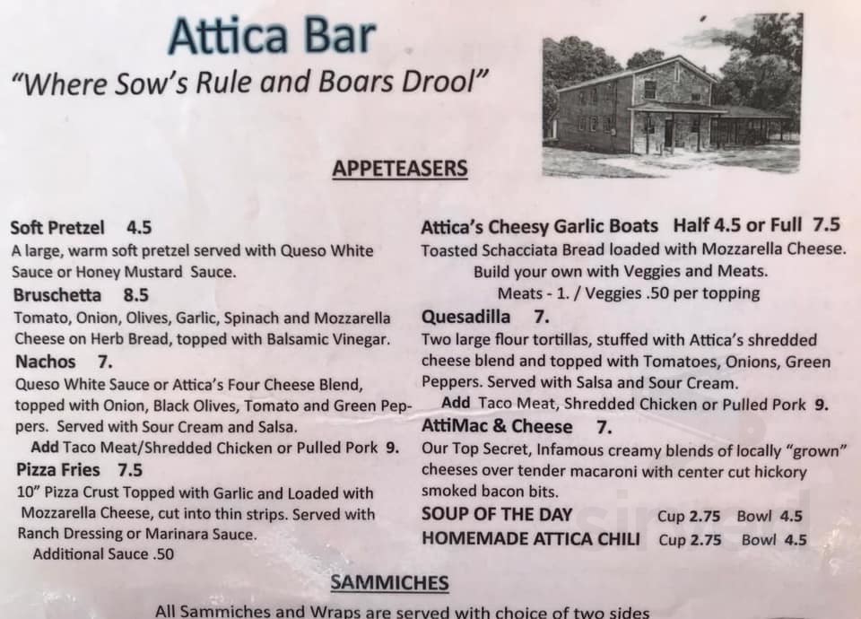 Attica Bar menu in Albany, Wisconsin, USA