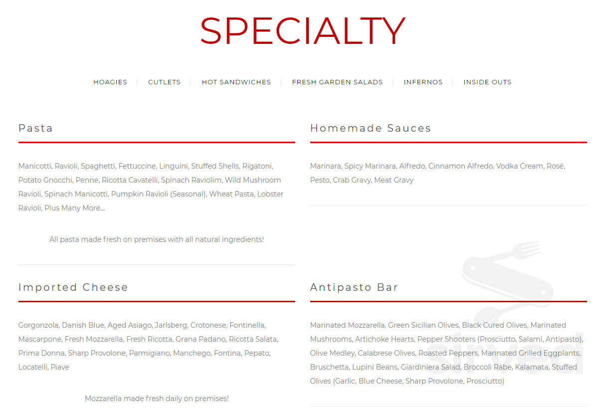 Pastificio Deli menu in Philadelphia, Pennsylvania, USA