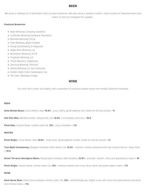 Spoke Bicycle Cafe menu in Los Angeles, California, USA