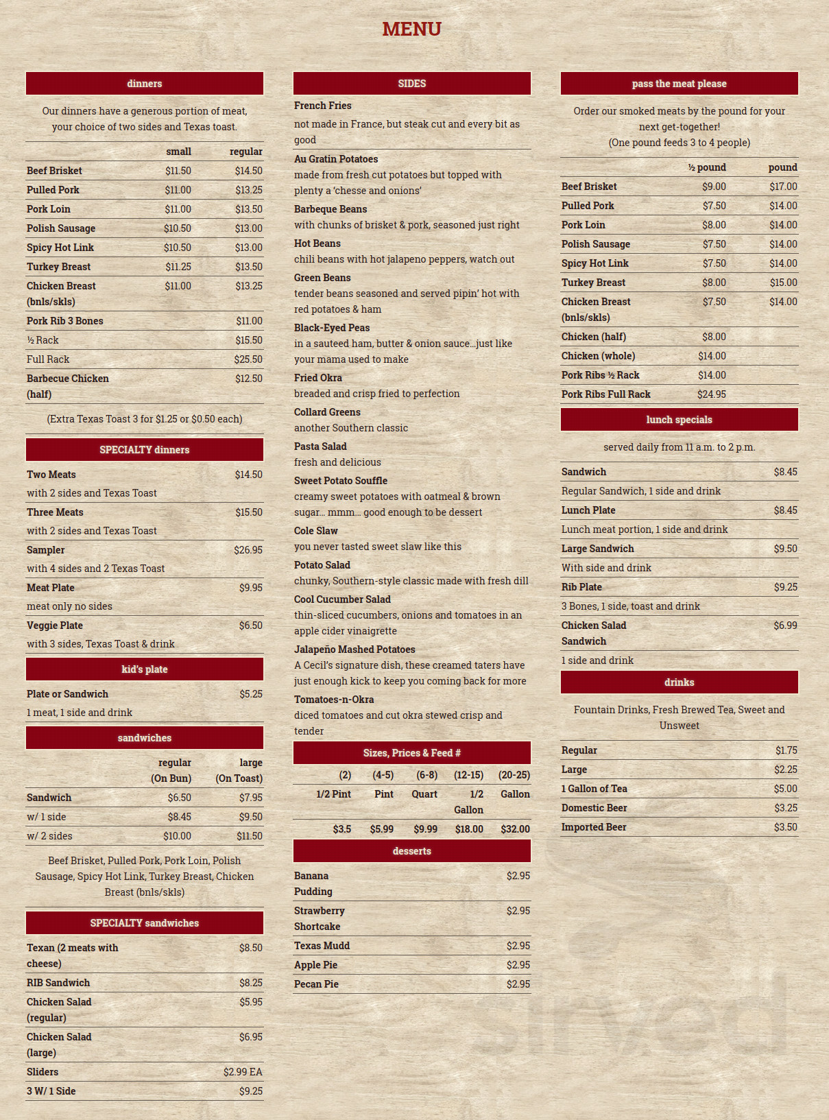 Cecil's Texas Style Bar-B-Q menus in Orlando, Florida, United States