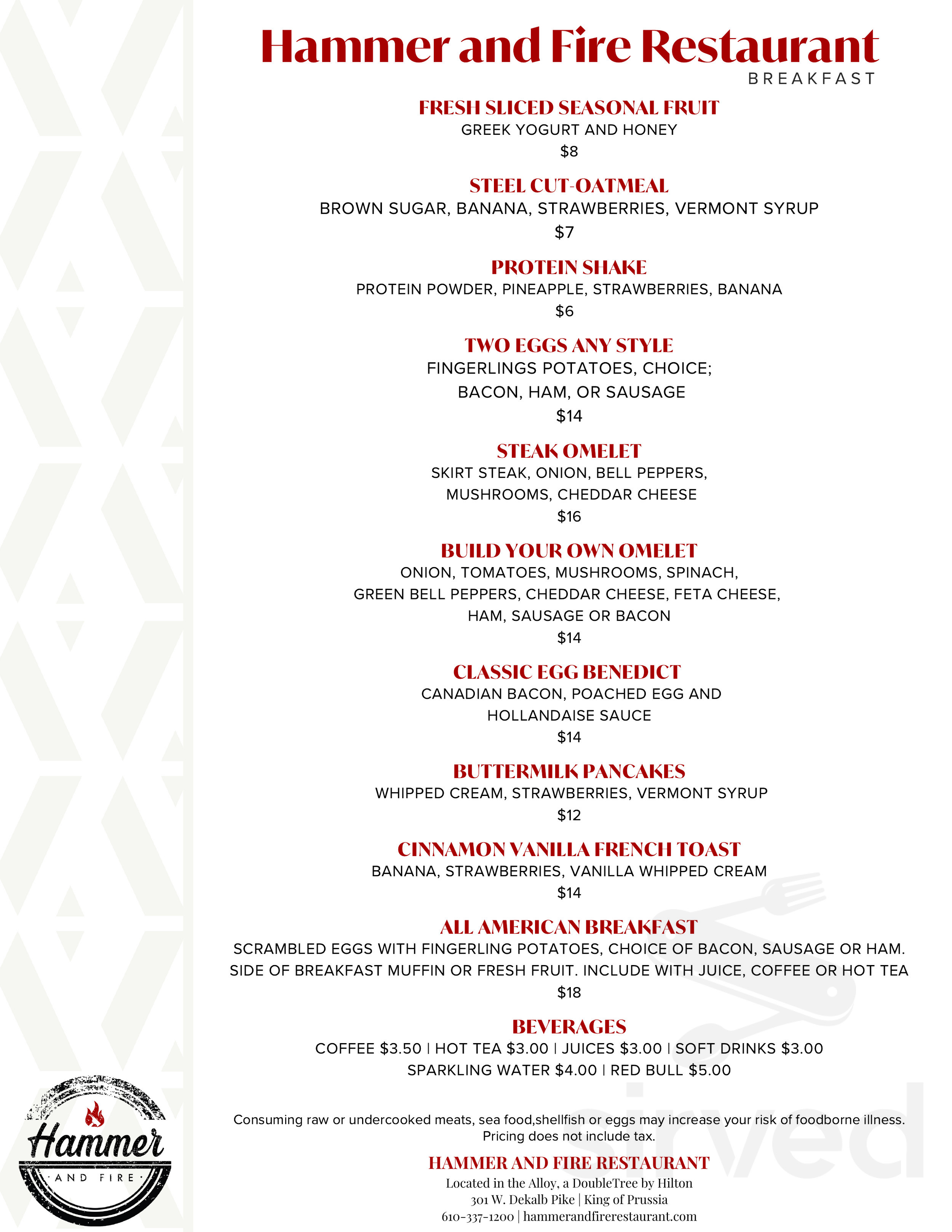 Hammer and Fire menu in King of Prussia, Pennsylvania, USA