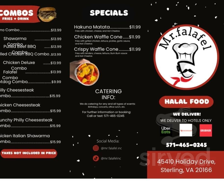 Mr Falafel menu in Ashburn, Virginia, USA