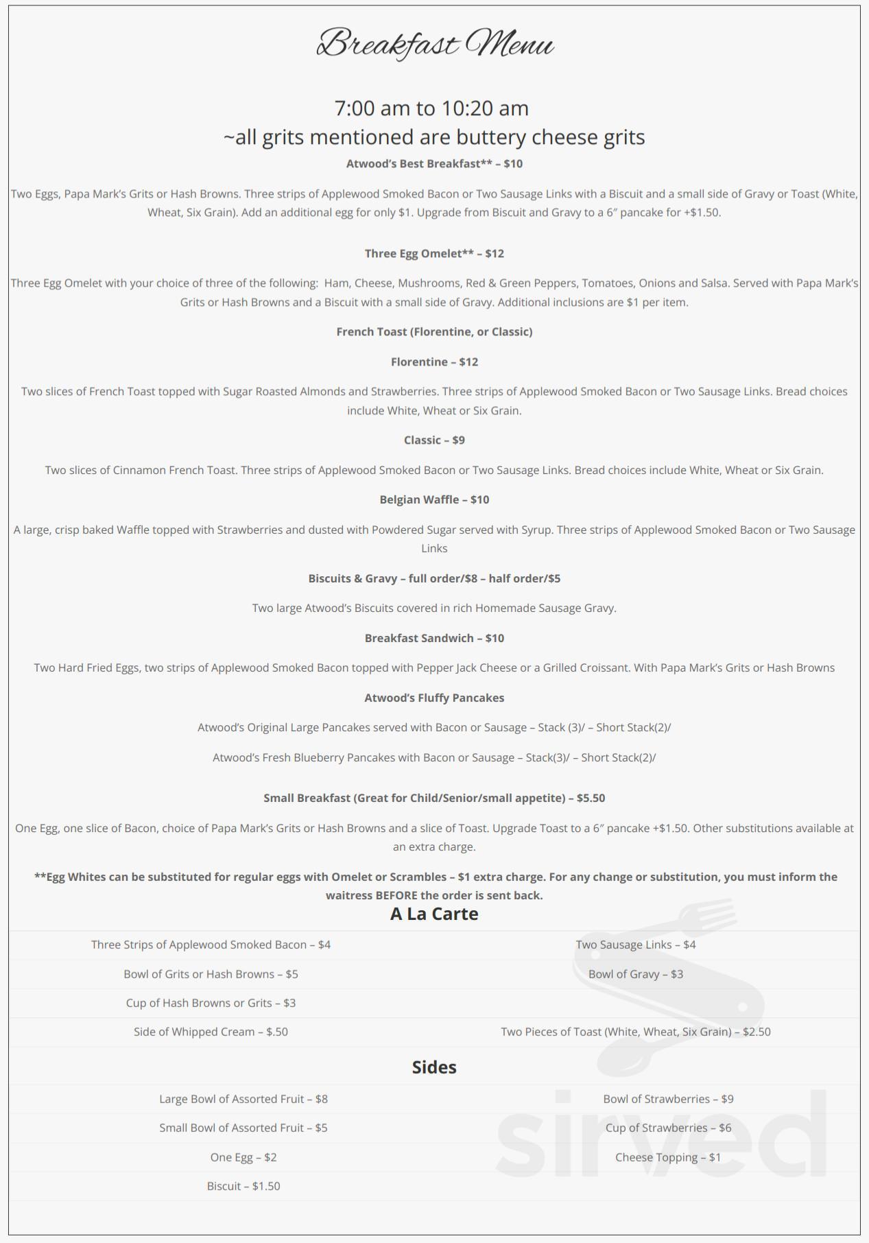 Atwood's Bakery menu in Alexandria, Louisiana, USA