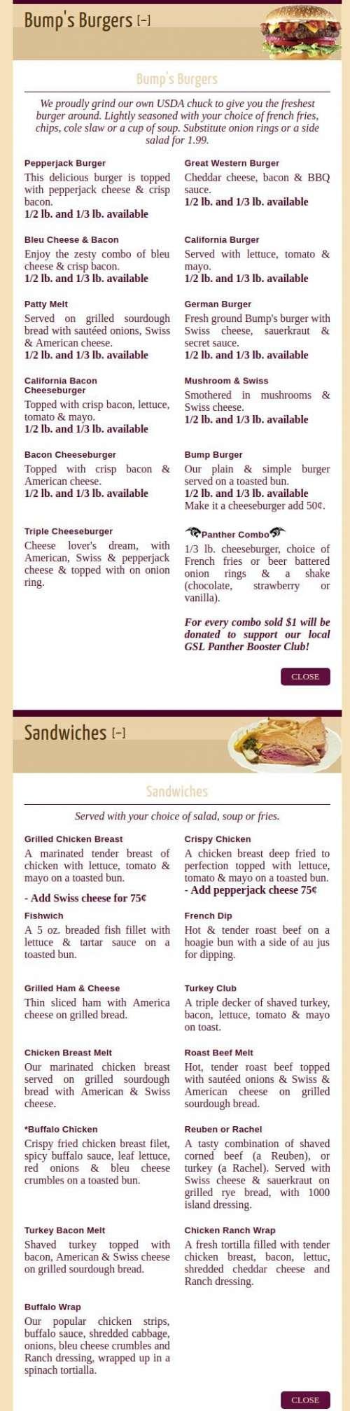 Bump's Family Restaurant menu in Glencoe, Minnesota, USA