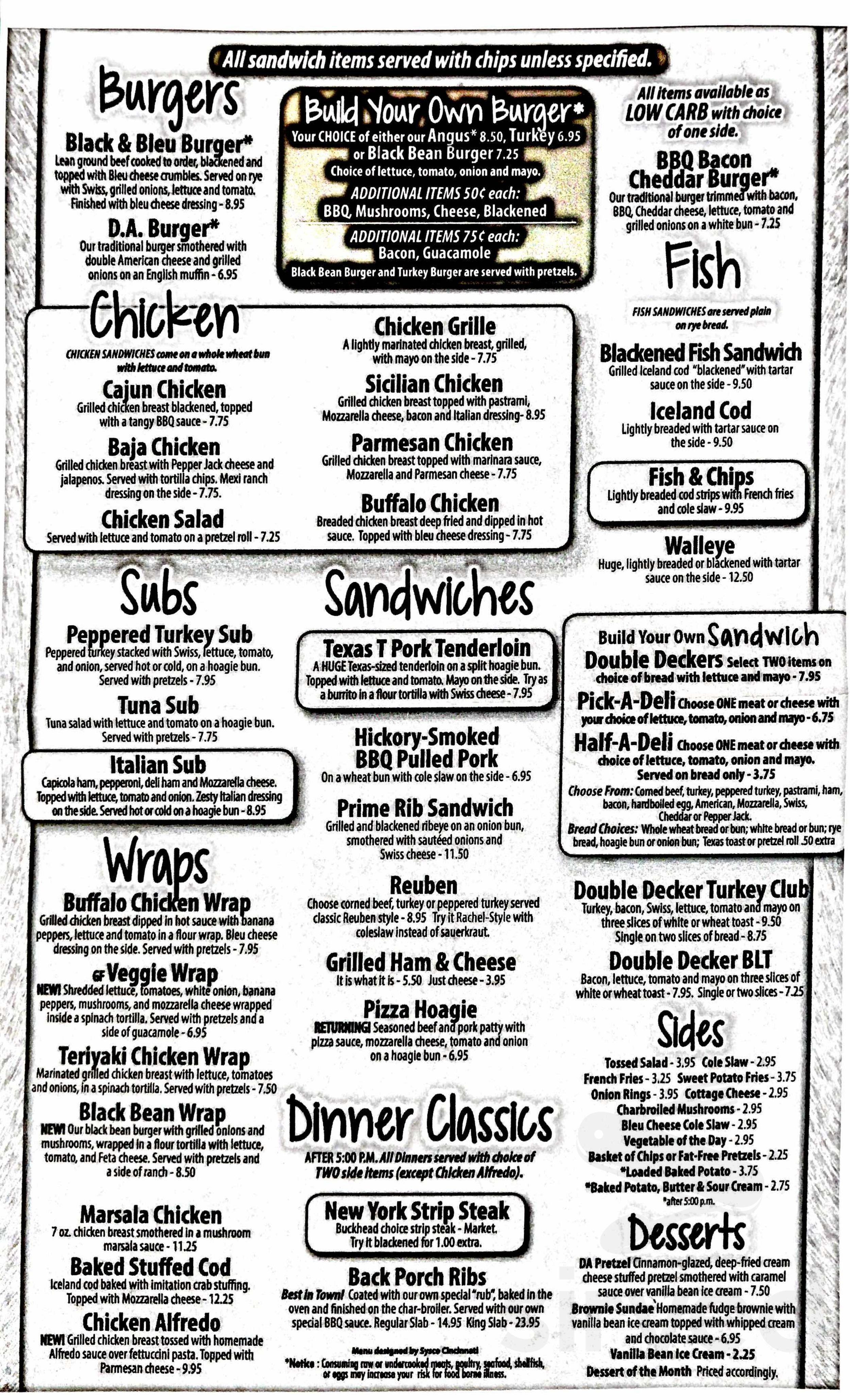 The Back Porch Saloon menu in West Chester Township, Ohio, USA