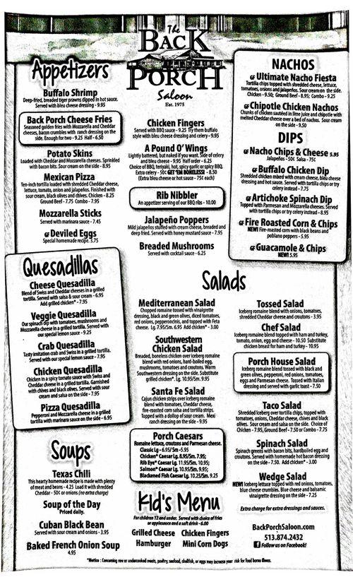 The Back Porch Saloon menu in West Chester Township, Ohio, USA
