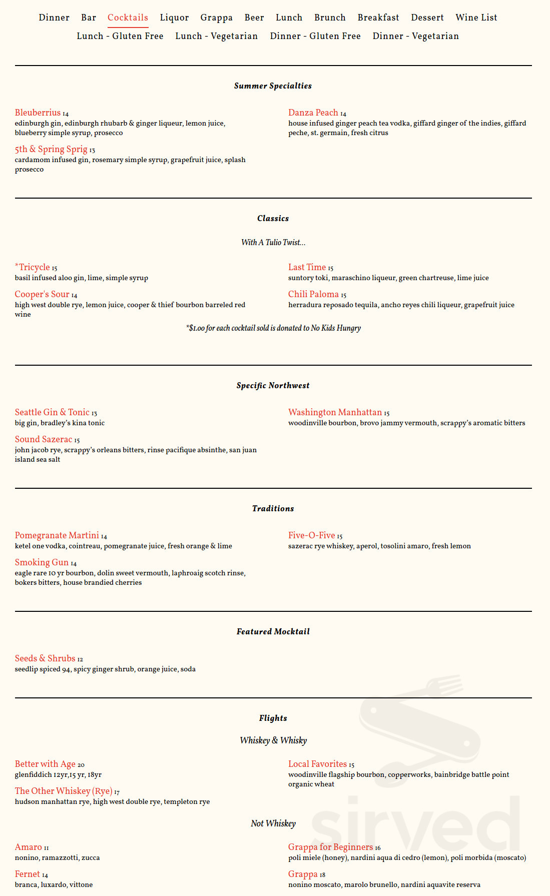 Tulio menu in Seattle, Washington, USA