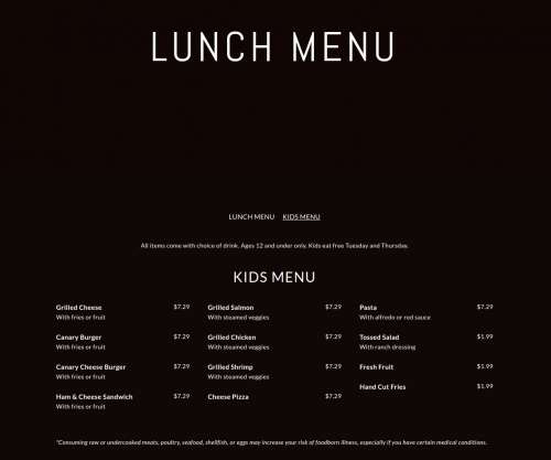 Prairie Canary Restaurant & Bar menu in Grinnell, Iowa, USA