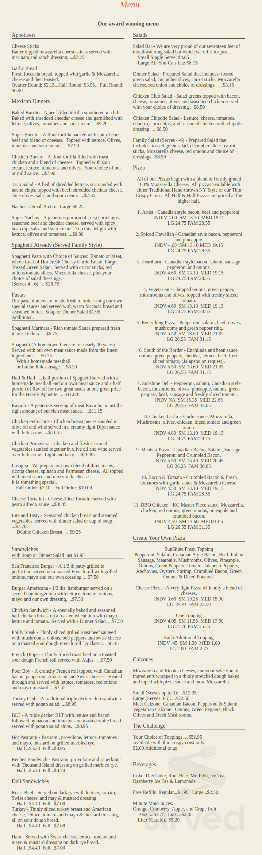 Sunshine Pizza menu in St Helens, Oregon, USA