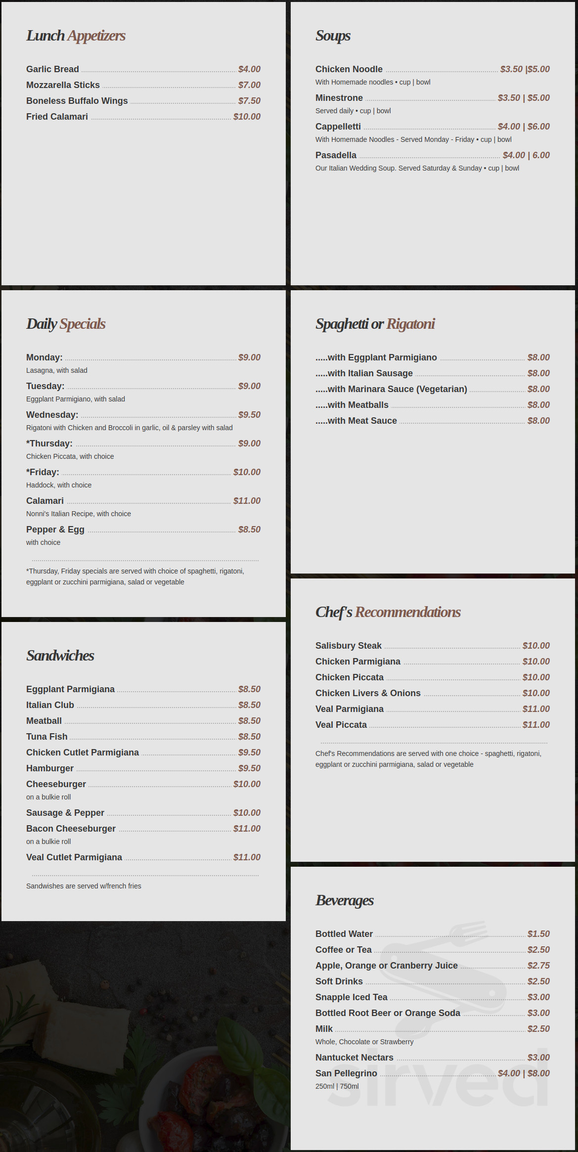 Il Camino menu in Leominster, Massachusetts, USA