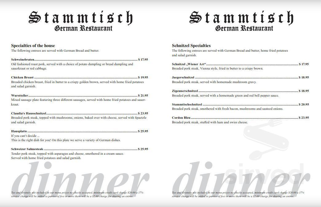 German Restaurant Stammtisch menu in Seaside, California, USA