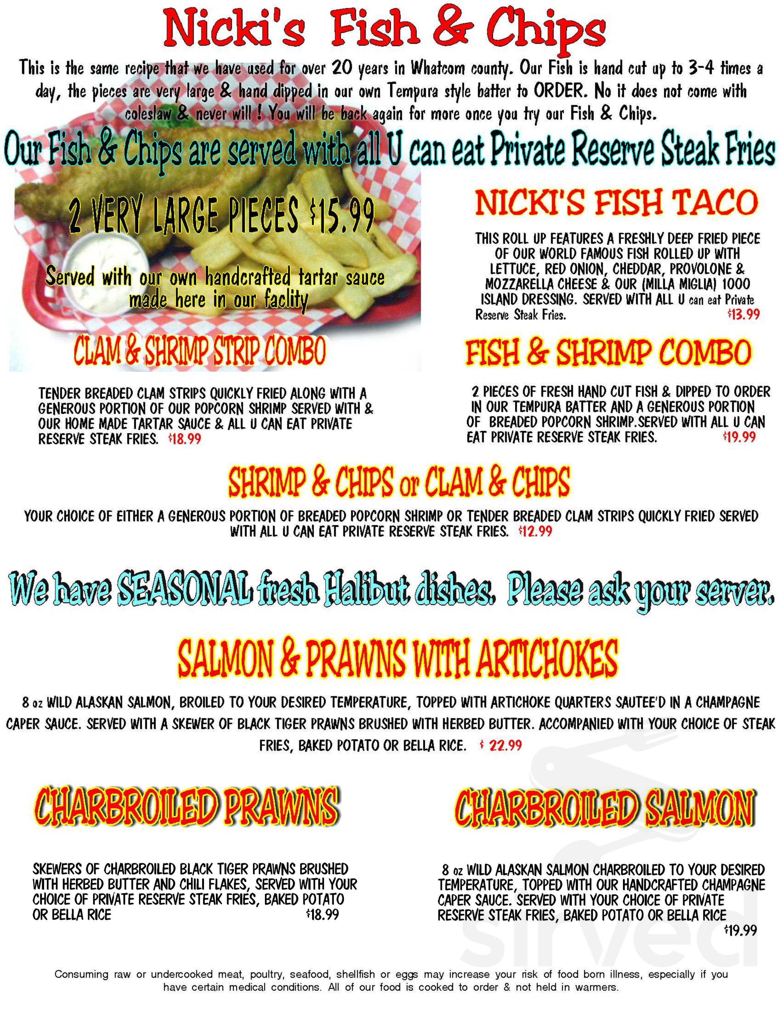 Nicki's Bella Marina menu in Bellingham, Washington, USA