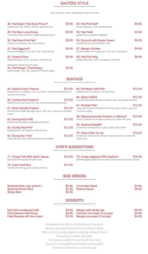 My Thai Cuisine menu in Ripon, California, USA