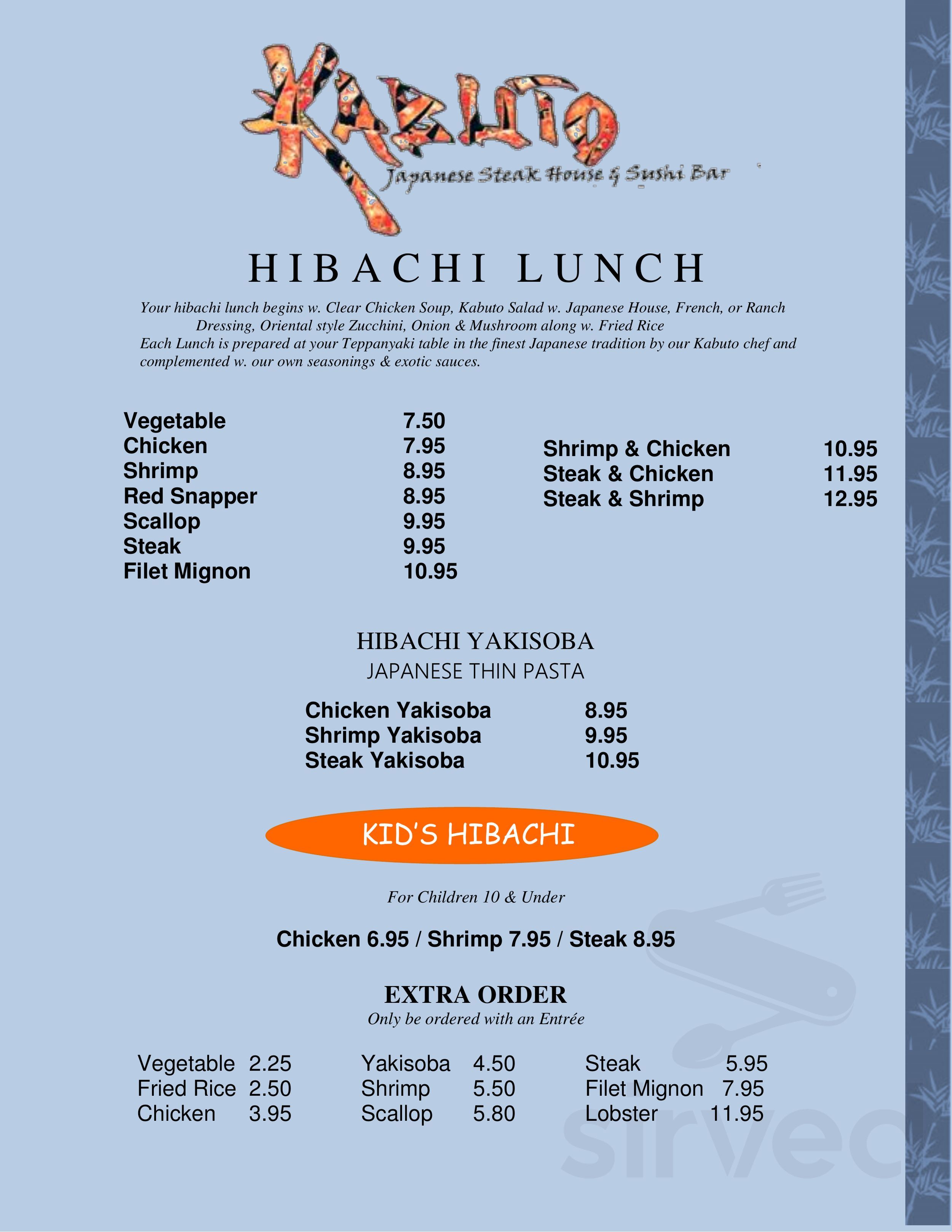 Kabuto Japanese Steak House menu in Indianapolis, Indiana, USA