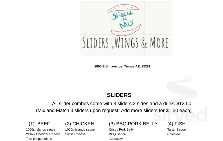 Sliderz & Mo' menu in Tempe, Arizona, USA