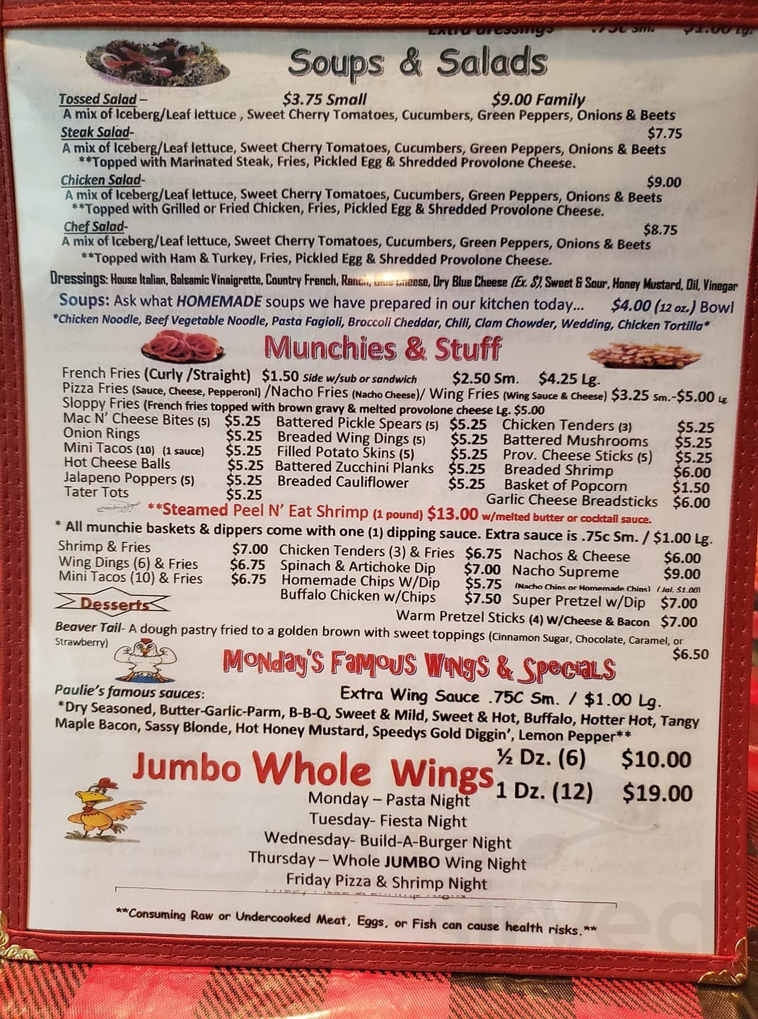 Monday's Union Restaurant menu in Latrobe, Pennsylvania, USA