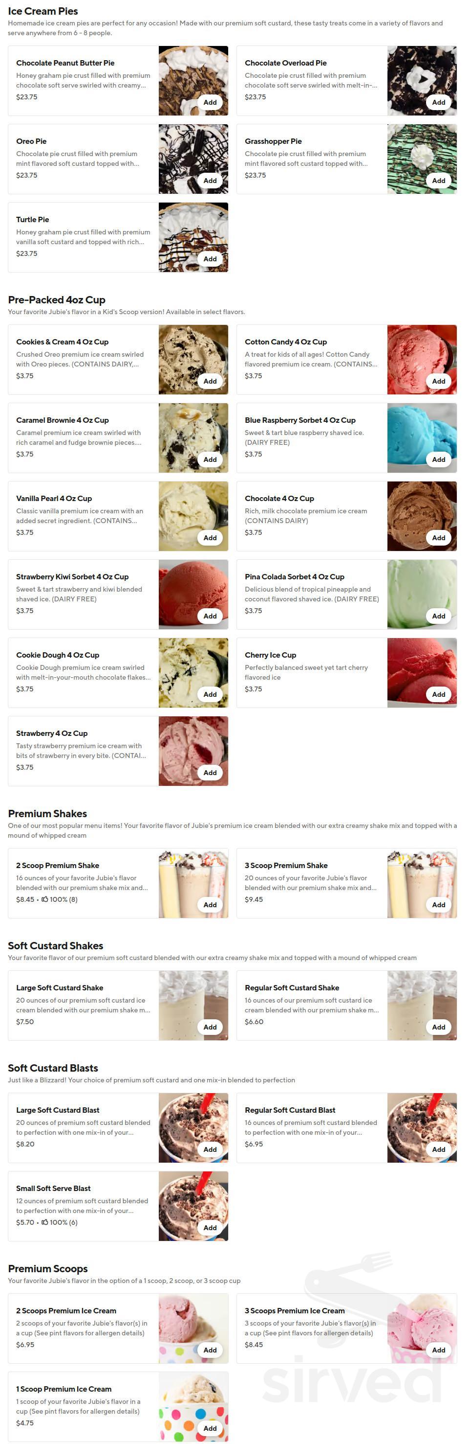 Jubie's Creamery menu in Fairborn, Ohio, USA
