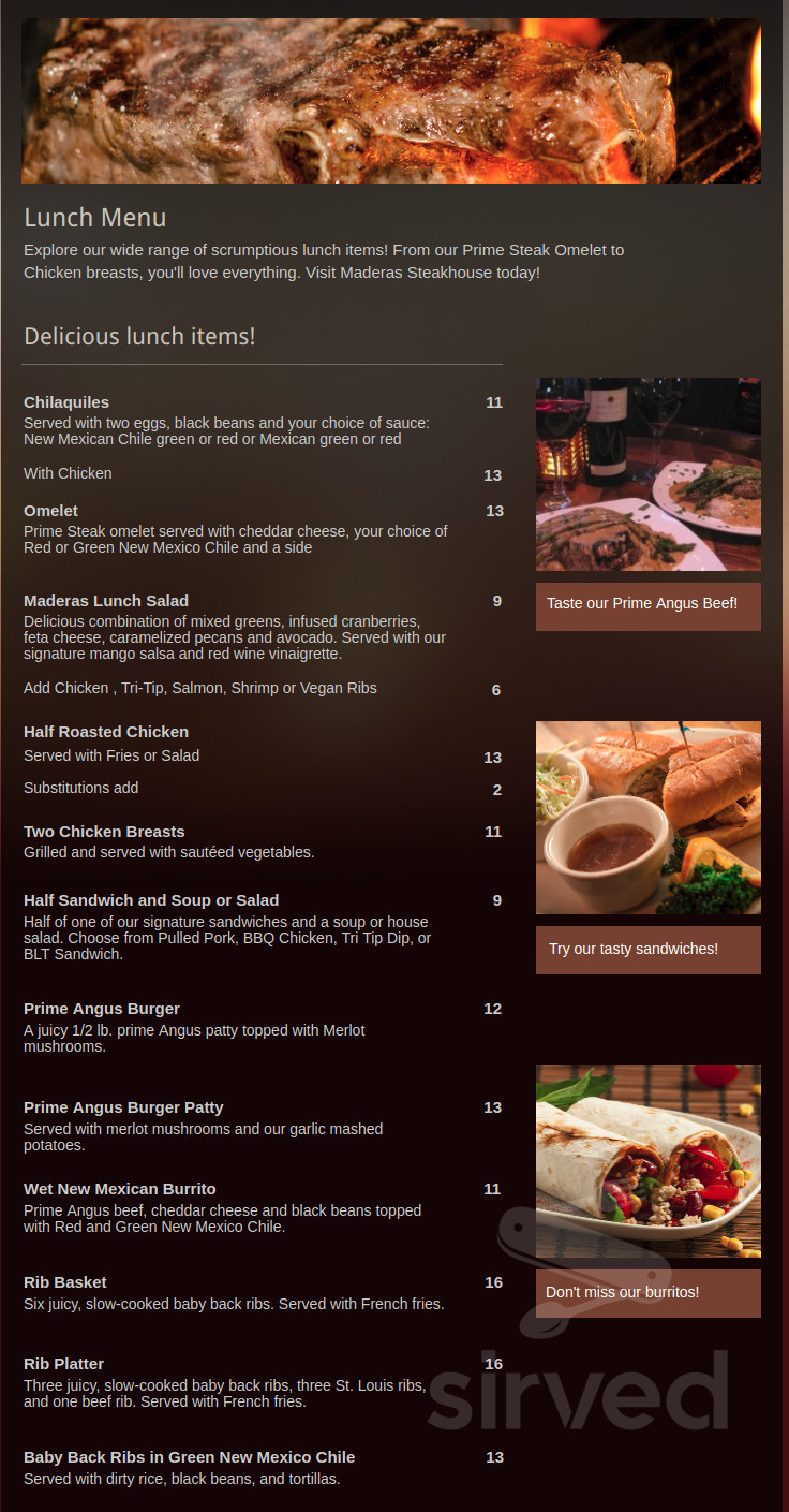 Menu for Maderas Steak & Ribs in Los Alamitos, CA | Sirved