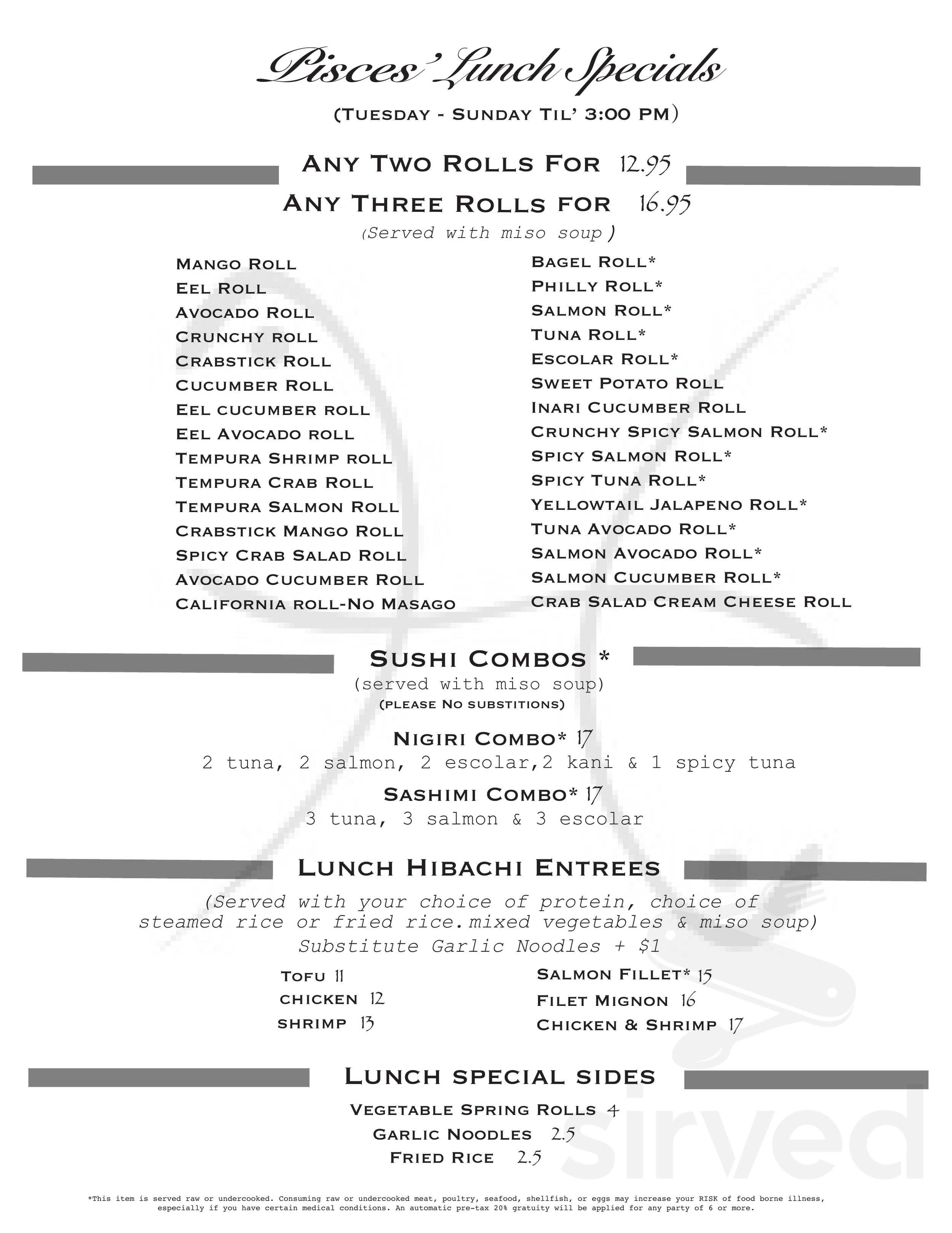 Pisces Sushi menu in Charlotte, North Carolina, USA