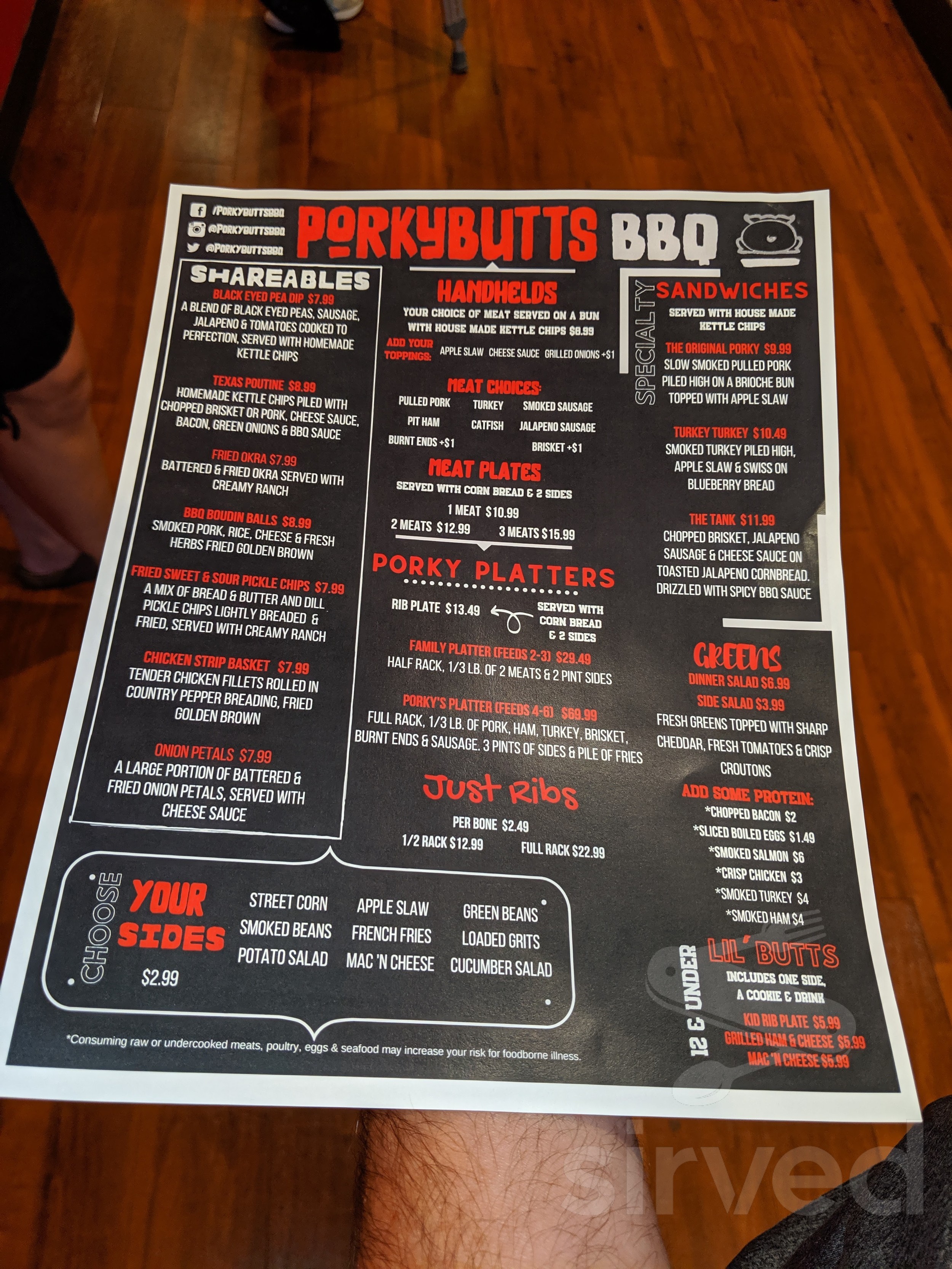 Porky Butts BBQ menu in Omaha, Nebraska, USA