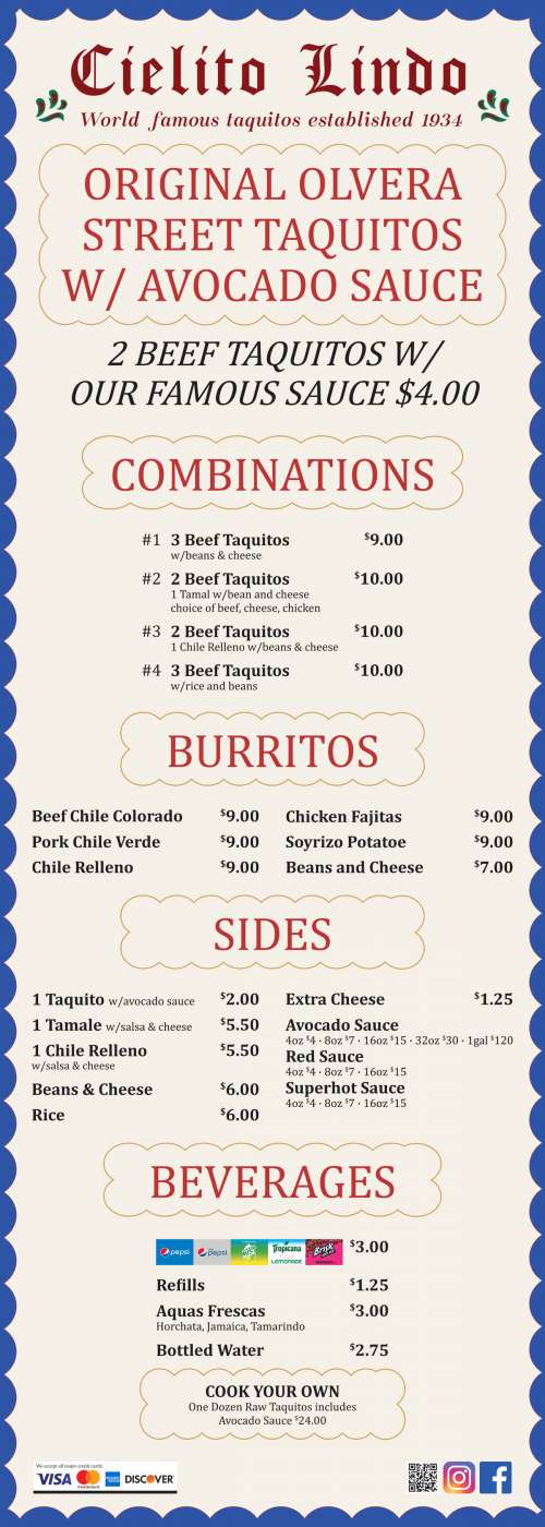 El Cielito Lindo menu in Los Angeles, California, USA
