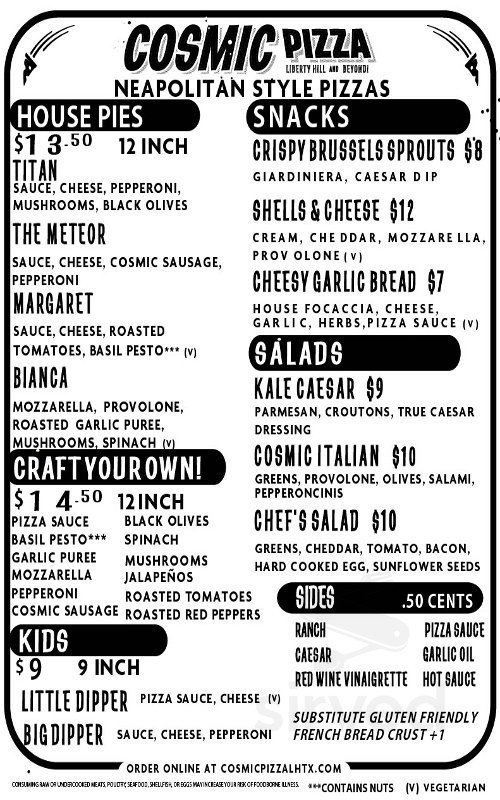 Menu for Cosmic Pizza in Liberty Hill, TX | Sirved
