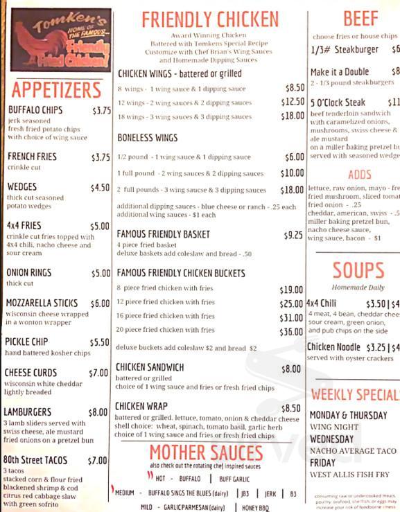 Menu for TomKen's Bar & Grill in West Allis, WI | Sirved