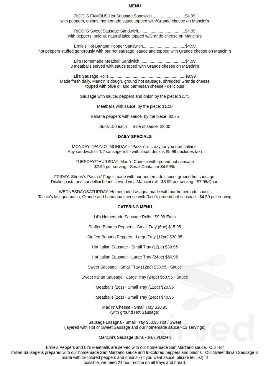 Ricci's Italian Sausage menu in McKees Rocks, Pennsylvania, USA