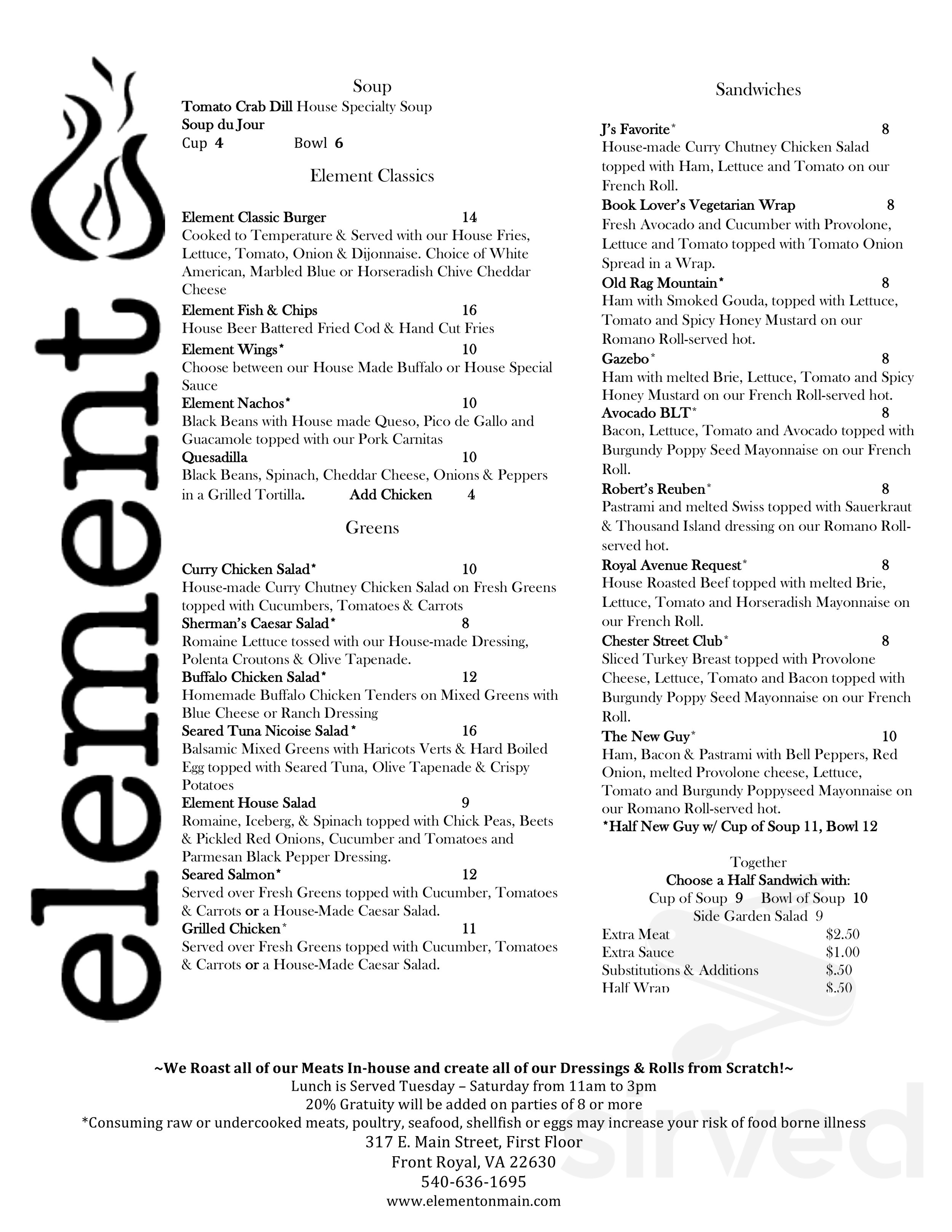 Element menu in Front Royal, Virginia, USA