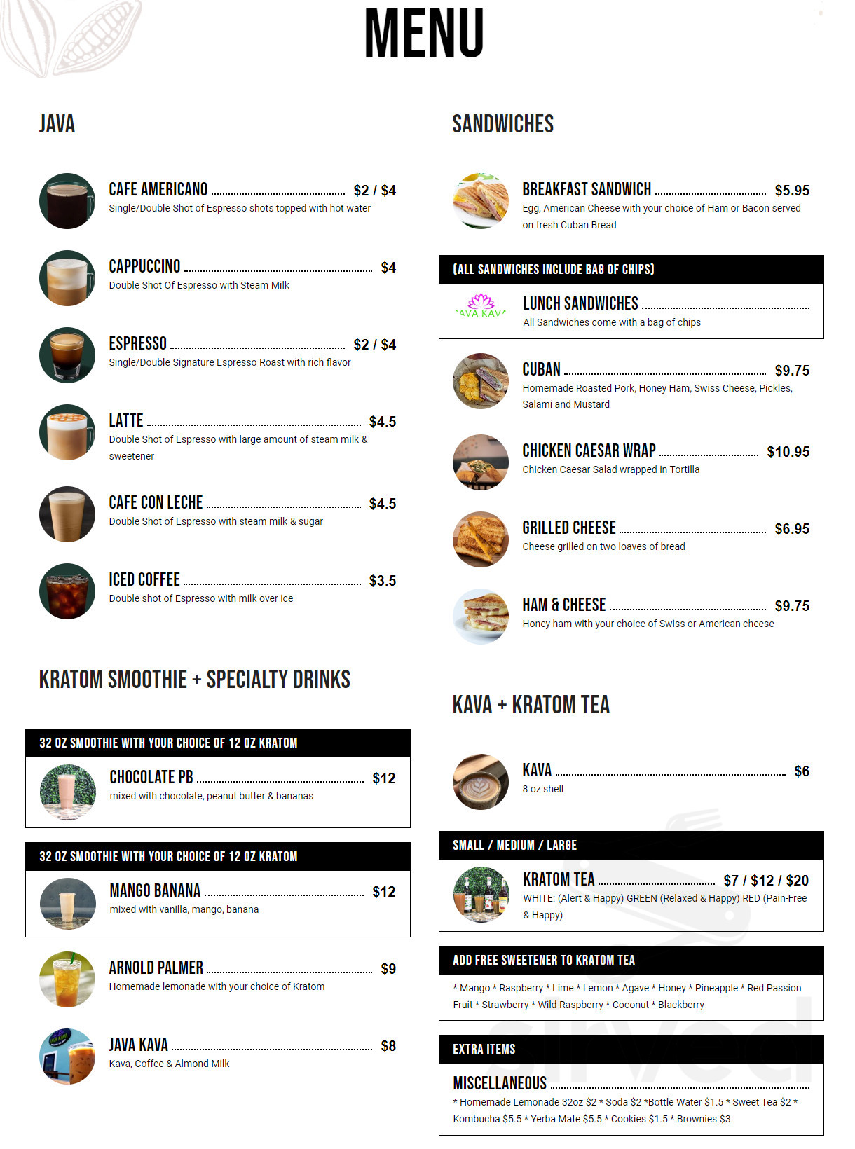 Java Kava Cafe Kratom Kava menu in Largo, Florida, USA