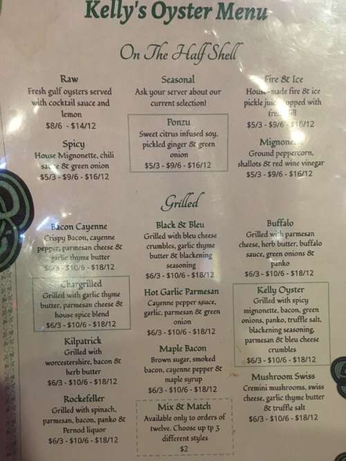 Kelly's Half Shell Pub menu in Crystal River, Florida, USA