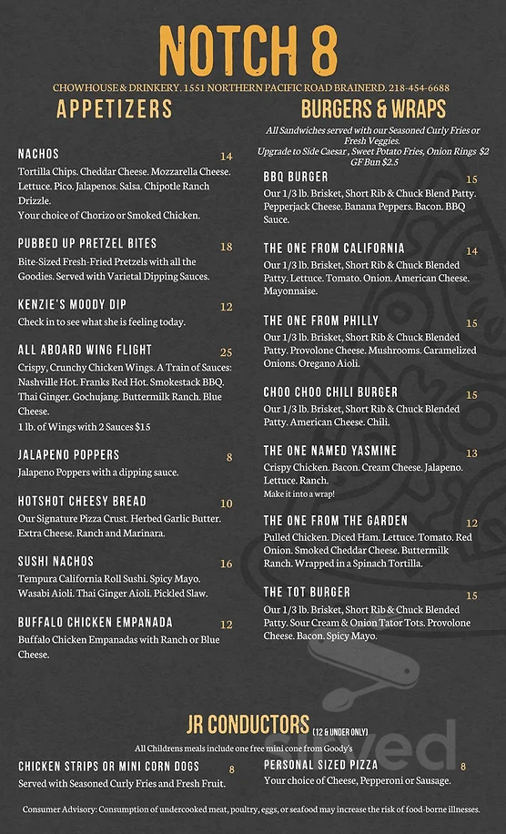 Notch 8 menu in Brainerd, Minnesota, USA