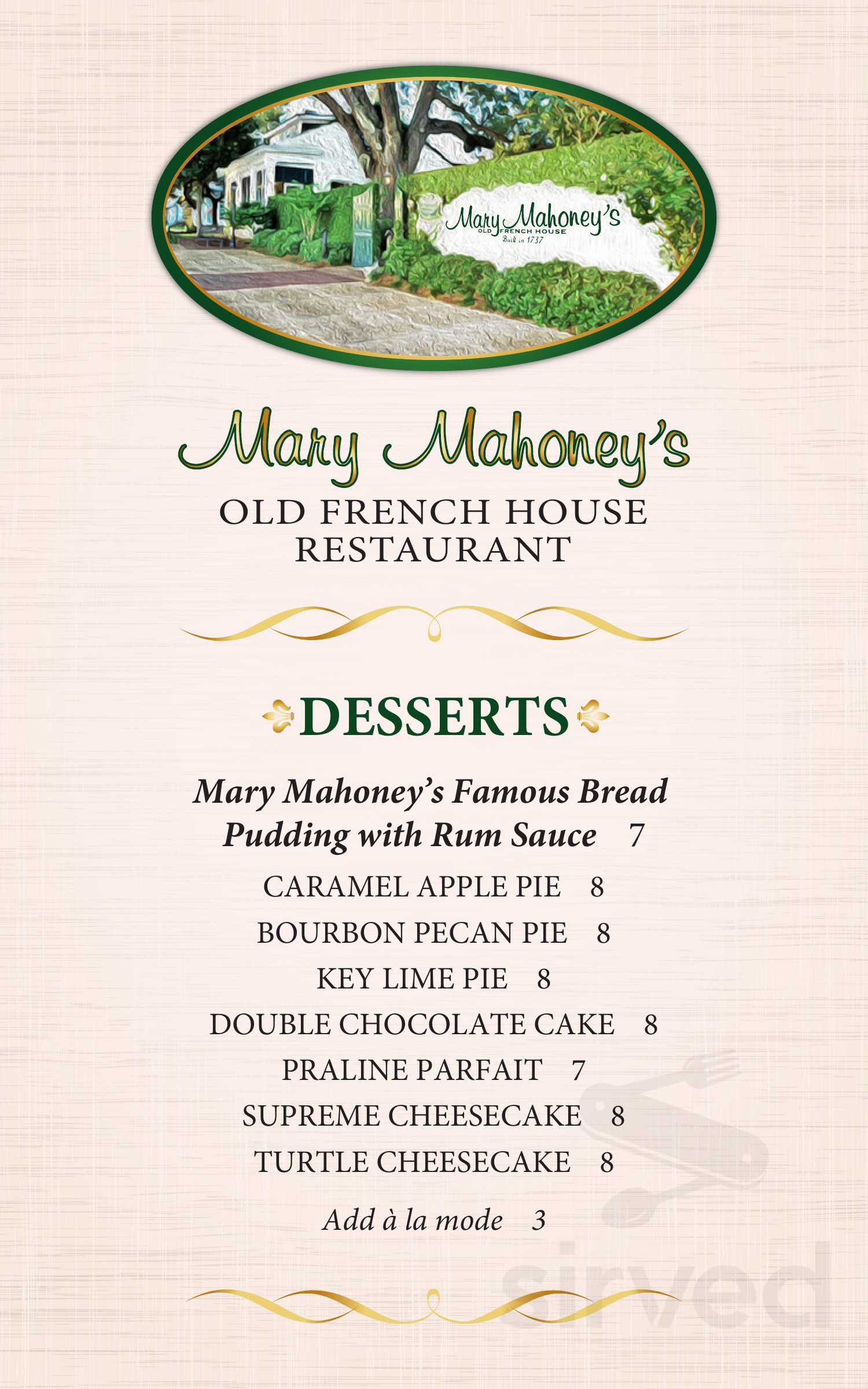 Mary Mahoney's Old French House menus in Biloxi, Mississippi, United States