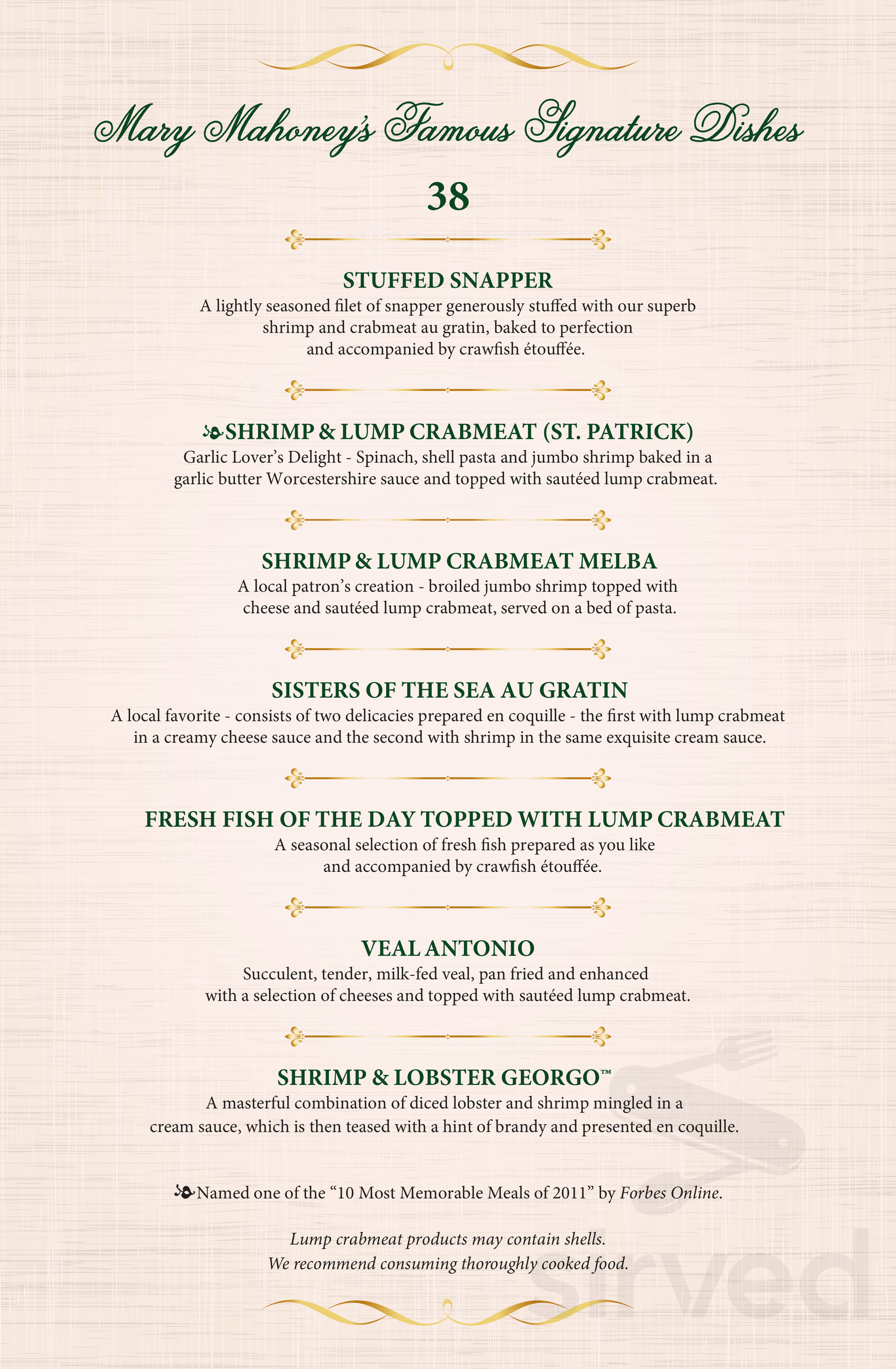 Mary Mahoney's Old French House menu in Biloxi, Mississippi, USA