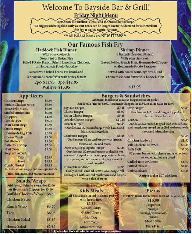 Bayside Bar & Grill menu in Lyndon Station, Wisconsin, USA