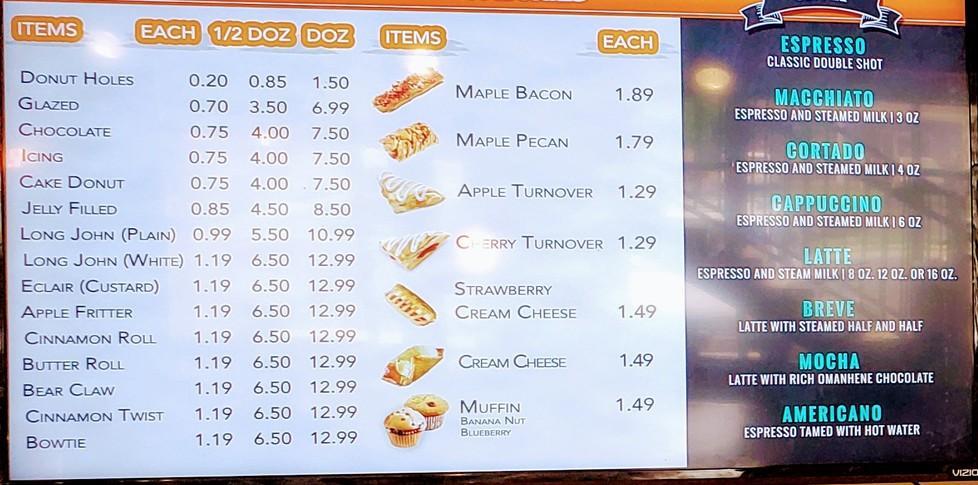 Murray Donuts menu in Murray, Kentucky, USA